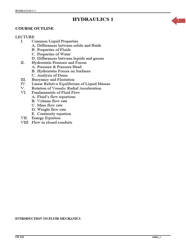 Hydraulics 1 Lecture Handout | PDF | Pressure | Buoyancy