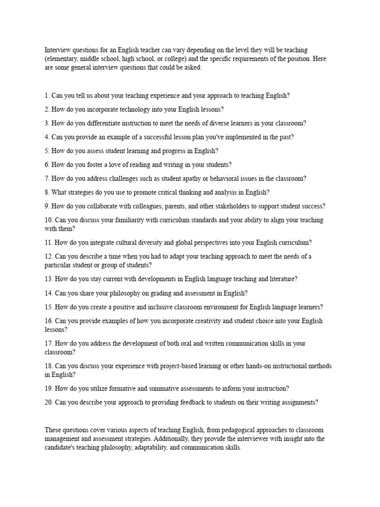 Interview Questions - English Teacher | PDF | Language Arts ...