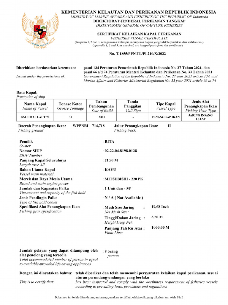 14-10-2022-Sertifikat Kelaikan Kapal Perikanan KM. Emas Laut 77 | PDF
