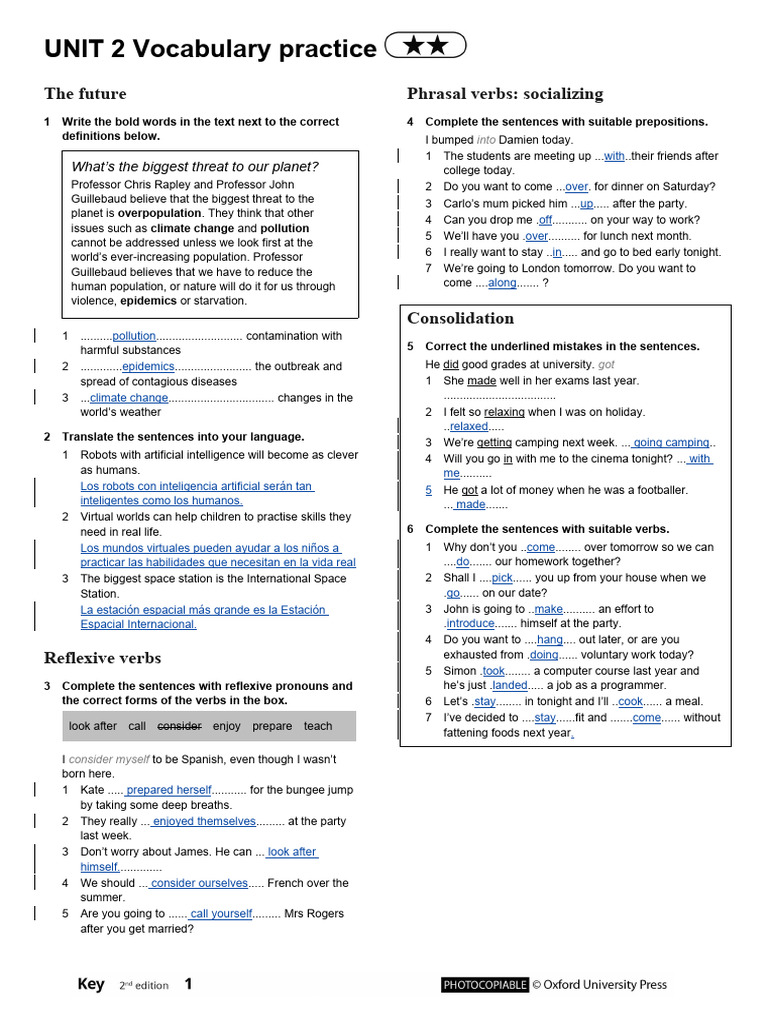 Key2e L1 Worksheets Vocabulary Unit 2 2star | PDF | Linguistics | Syntax