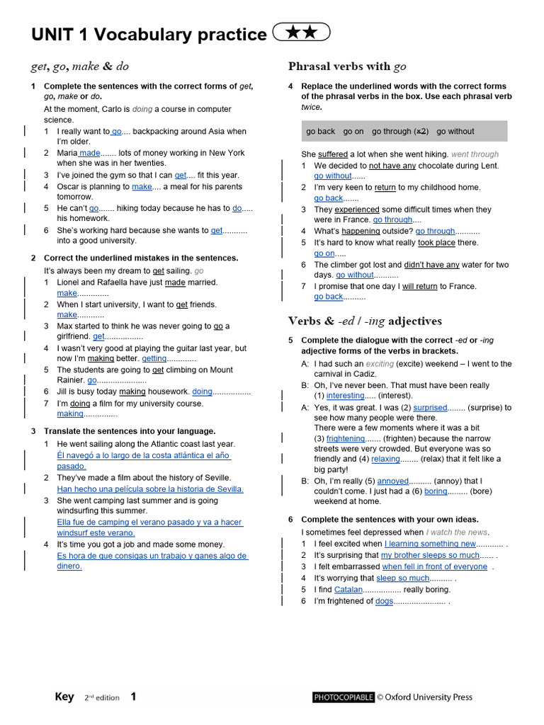 Key2e L1 Worksheets Vocabulary Unit 1 2star | PDF | Linguistics