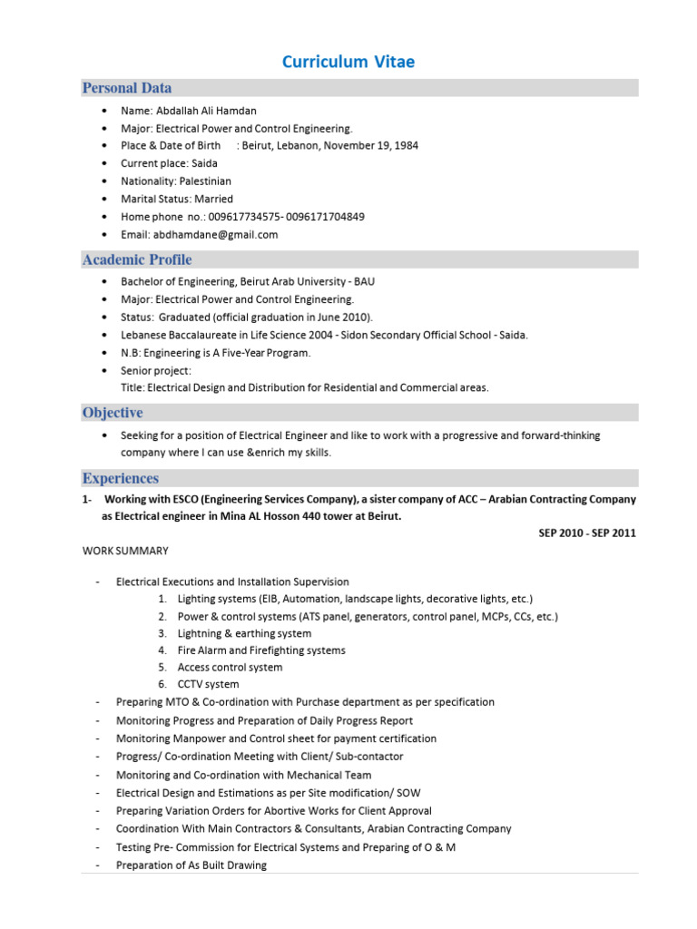 Abdallah Ali Hamdan: CV Overview | PDF | Electrical Substation ...