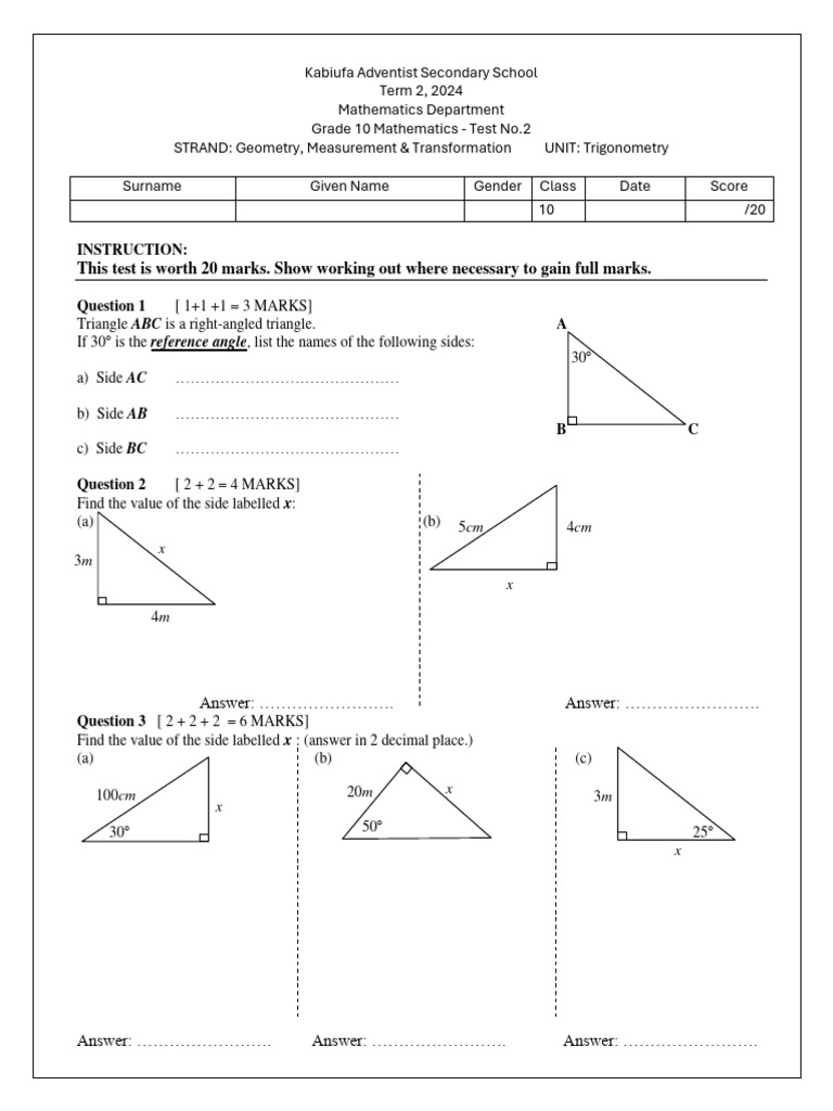 Maths Test Grade 10 - Topic Trigonometry Term 2 + 2024 | PDF | Triangle ...