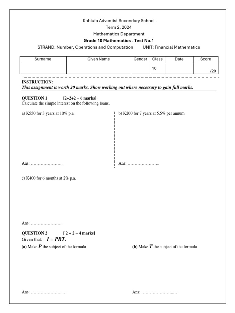 Grade 10 Financial Math Test | PDF | Interest | Economies