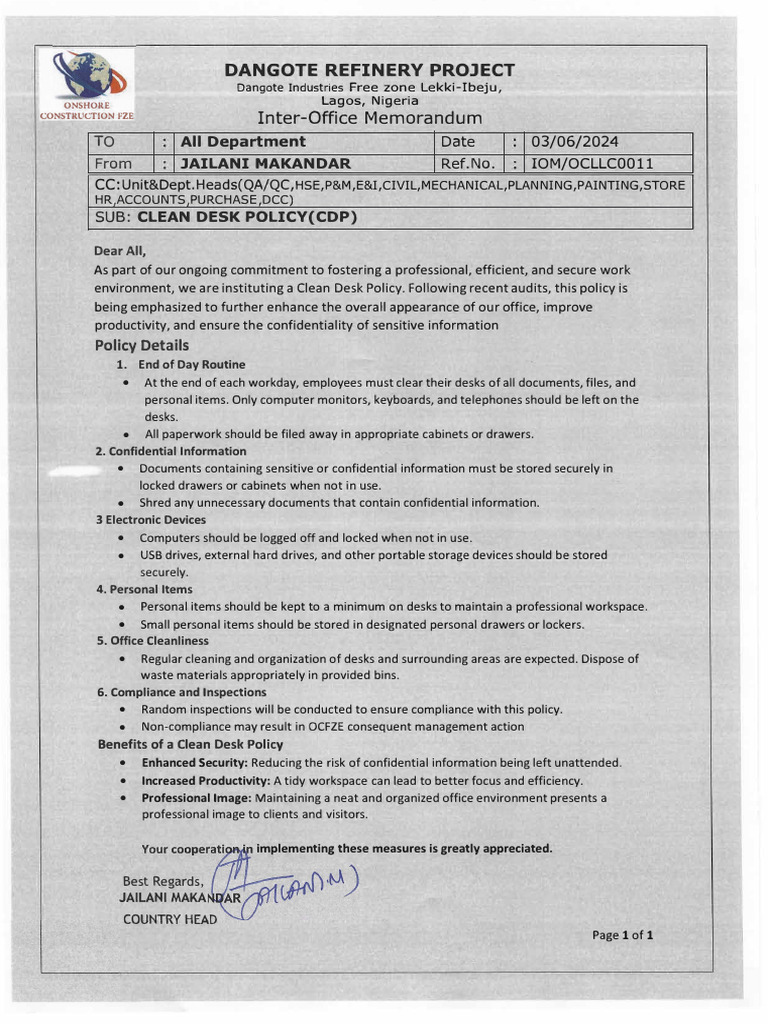 IOM No. IOM-OCLLC-0011 Dated 03-06-24 - CLEAN DESK POLICY | PDF | Desk ...
