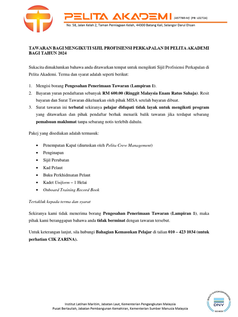Surat Tawaran Sijil Profisiensi Perkapalan (PASB) - 1 | PDF
