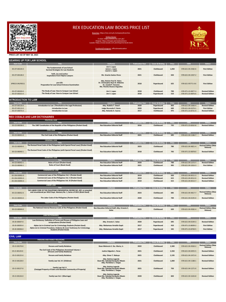 Rex Education REX Book Store Law Books Pricelist 05262023 1 1 | PDF ...