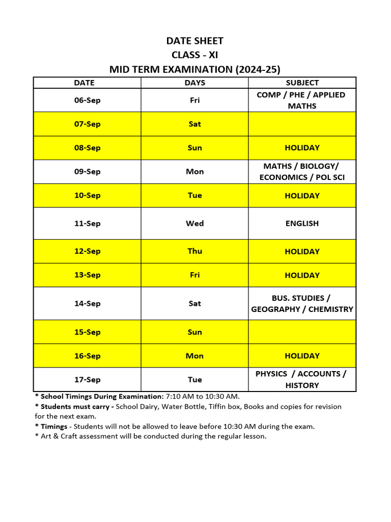 CLASS - XI DATE SHEET | PDF