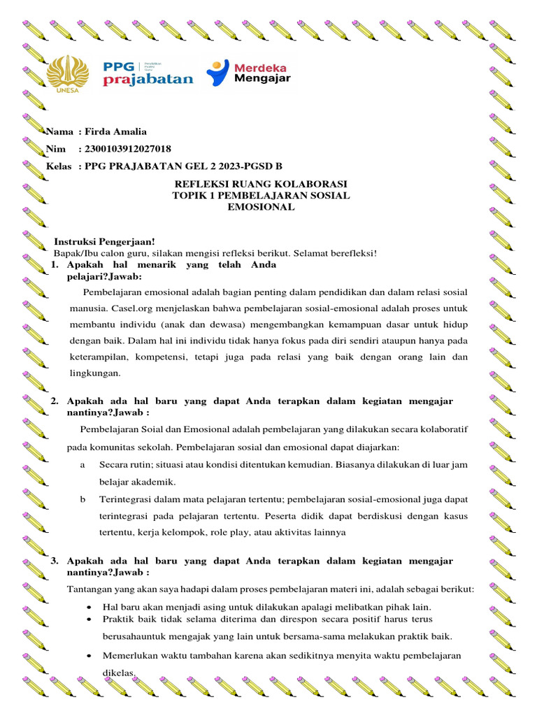 T1 - Pse - Refleksi Ruang Kolaborasi - Firda Amalia - 2300103912027018 | PDF