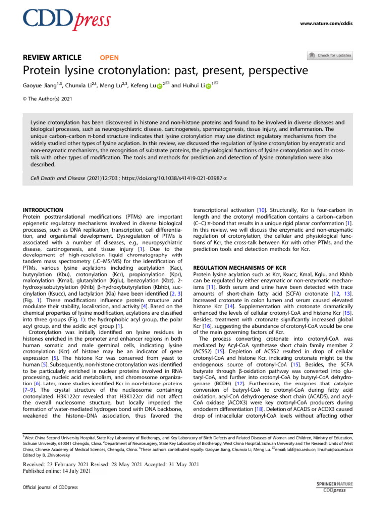 Protein Lysine Crotonylation Past, Present, Perspective-2021 July | PDF ...