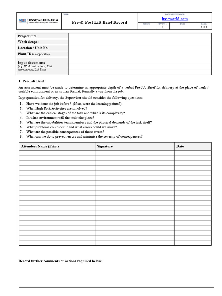 Pre Post Lift Brief Record | PDF | Risk | Safety