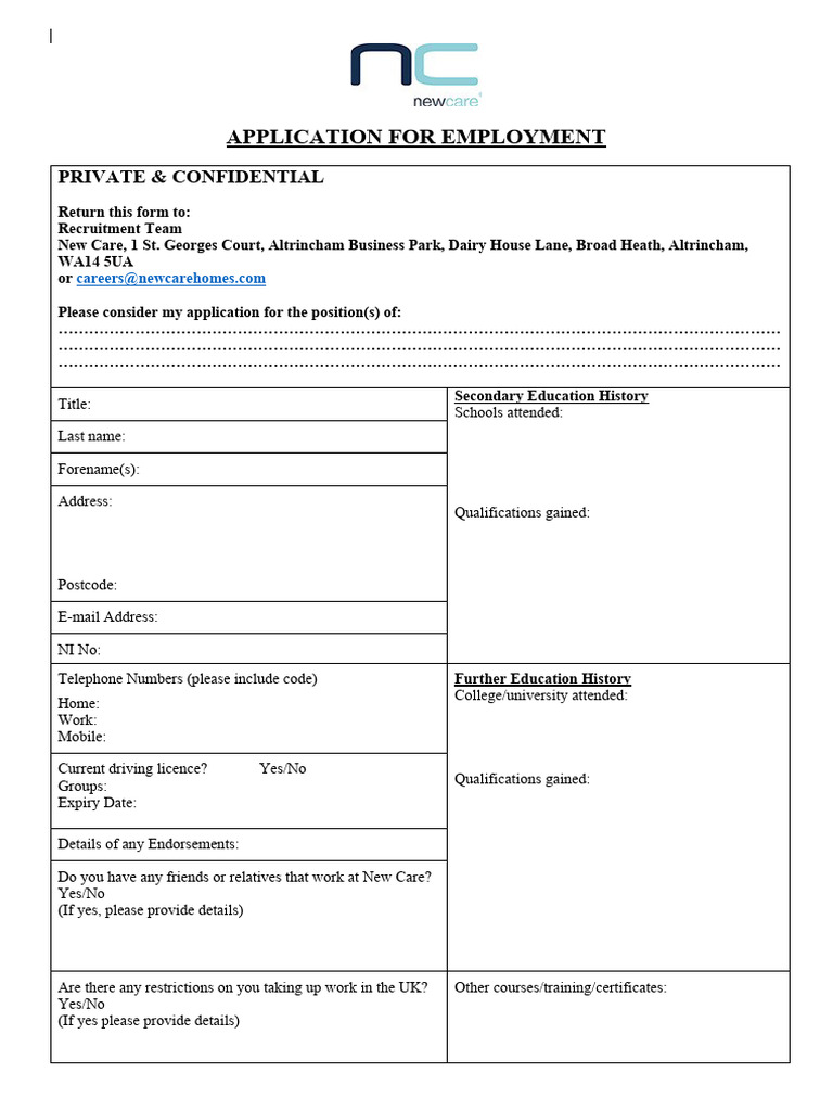 New Care Employment Application Form | PDF | Justice | Crime & Violence