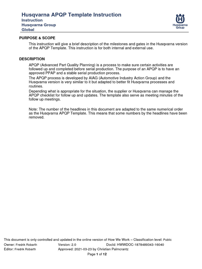 Husqvarna APQP Checklist Instructions | PDF | Specification (Technical ...