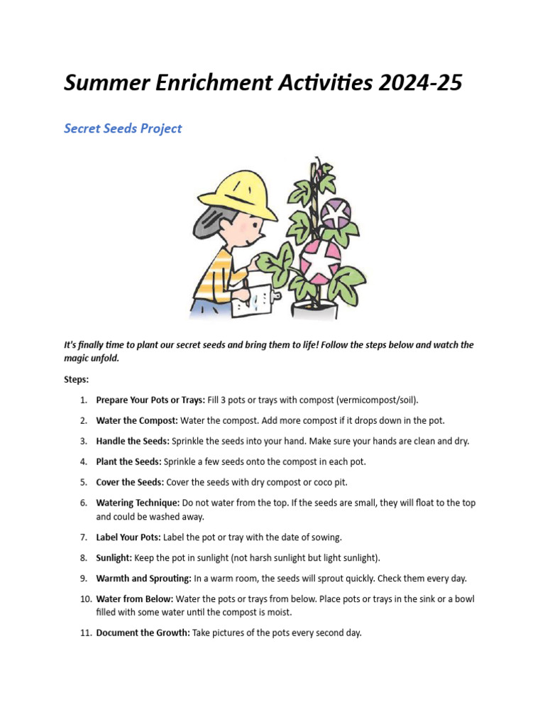 Summer Enrichment Activities 2024-25 | PDF | Compost | Seed