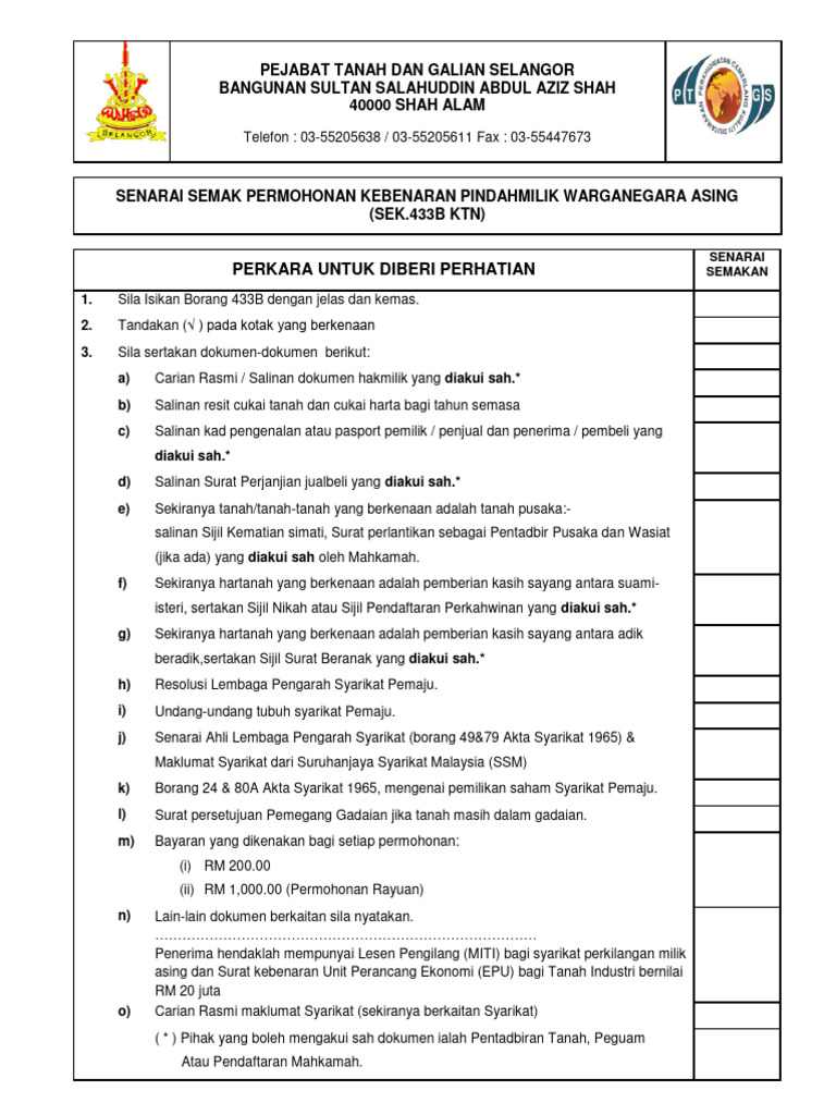 Senarai Semak Borang Permohonan 433B | PDF