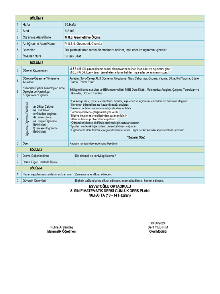 Gunluk Plan 69 Matematik Meb Yeni Plan 40 5640 | PDF