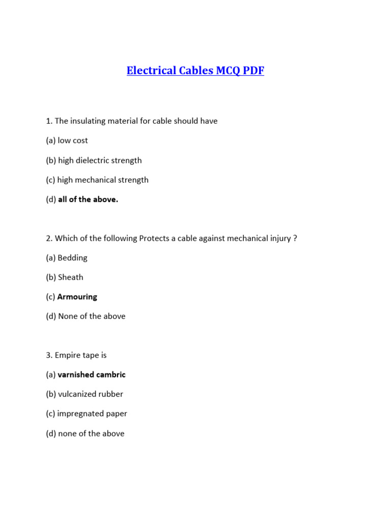 Electrical Cables MCQ PDF | PDF | Insulator (Electricity) | Capacitor