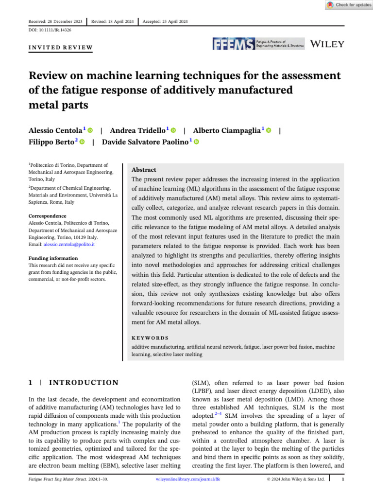 Fatigue Fract Eng Mat Struct - 2024 - Centola - Review on machine learning techniques for the ...