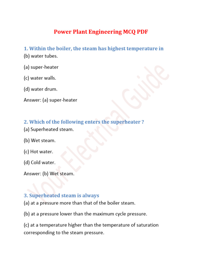 Power Plant Engineering MCQ Guide | PDF | Boiler | Steam
