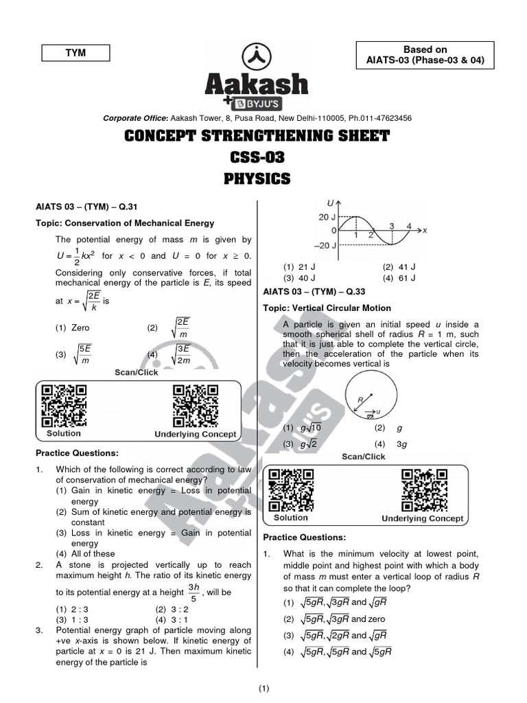 Concept Strengthening Sheet (CSS-03) Based On AIATS-03 (TYM) - Phase-03 & 04 - Physics | PDF ...
