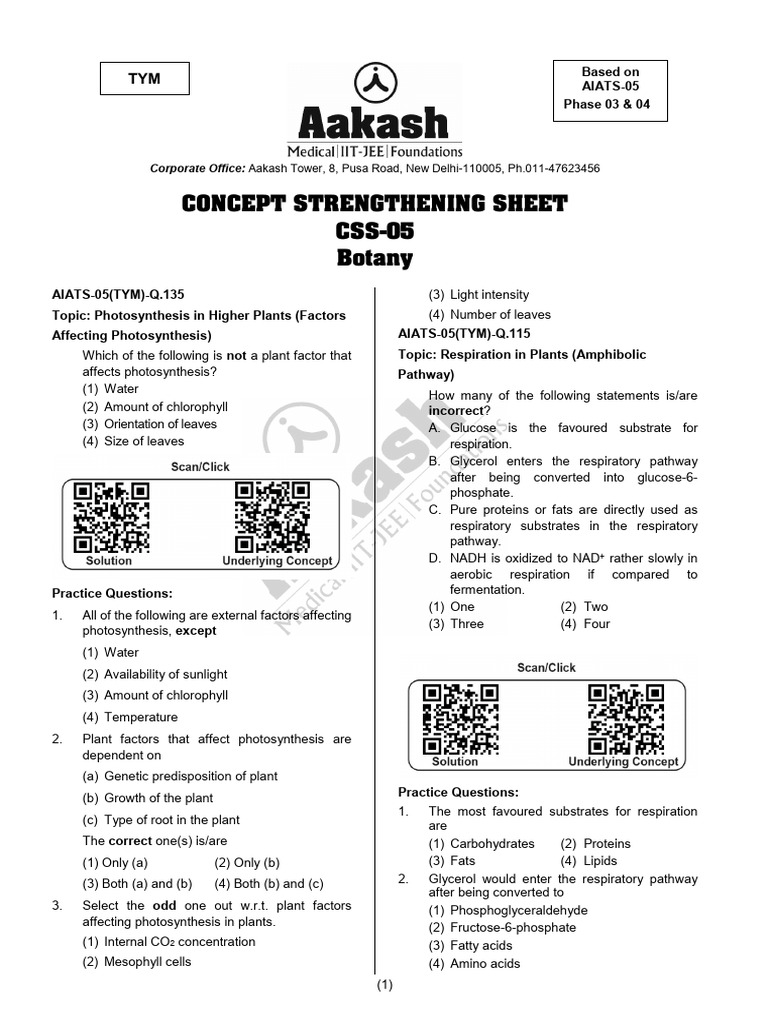 Concept Strengthenig Sheet (CSS-05) Based On AIATS-05 (TYM-2025) - Phase-03 & 04 - Botany | PDF ...