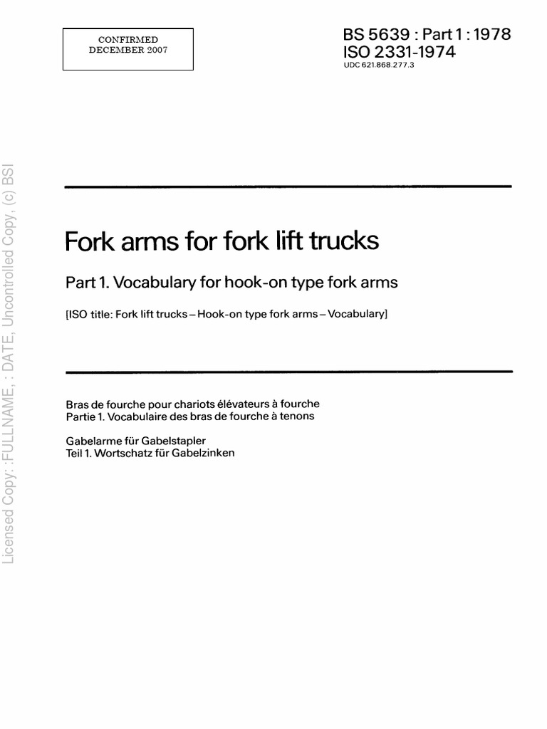 BS 5639 Part1 1978 ISO 2331-1974 Fork Arms For Fork Lift Trucks | PDF | Law