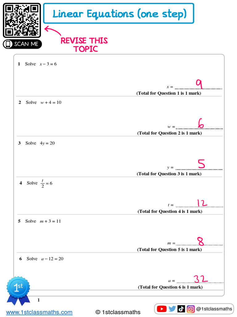 ' (1stclassmaths) Linear Equations One Step SOLUTIONS | PDF | Differential Calculus | Subtraction