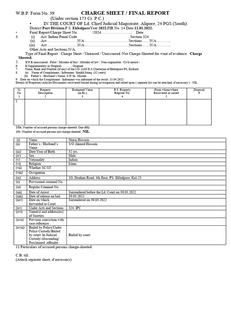 Charge Sheet of Case No. 14 of 2022 | PDF | Bail | Arrest