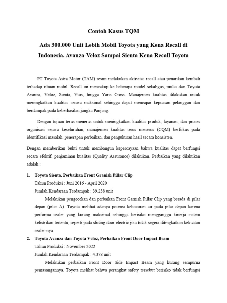 Kasus Recall Mobil Toyota dan TQM | PDF | Komputer