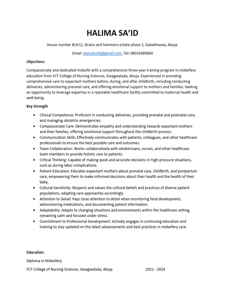 Halima Sa'id CV | PDF | Childbirth | Postpartum Period