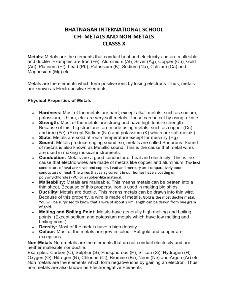 Metals and Non-Metals Overview | PDF | Metals | Nitric Acid