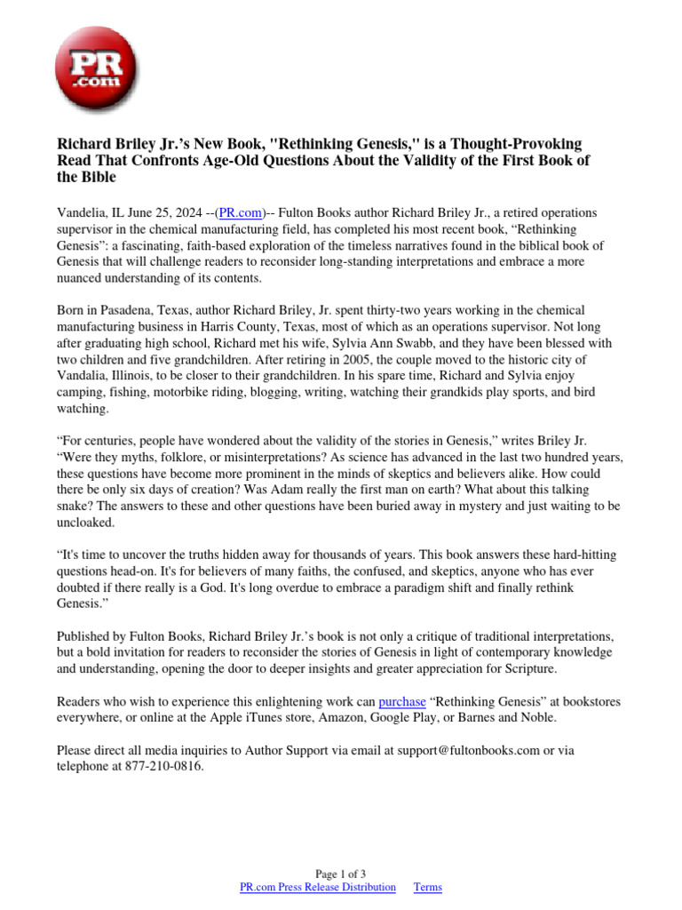 Richard Briley Jr.'s New Book, "Rethinking Genesis," Is A Thought-Provoking Read That Confronts ...