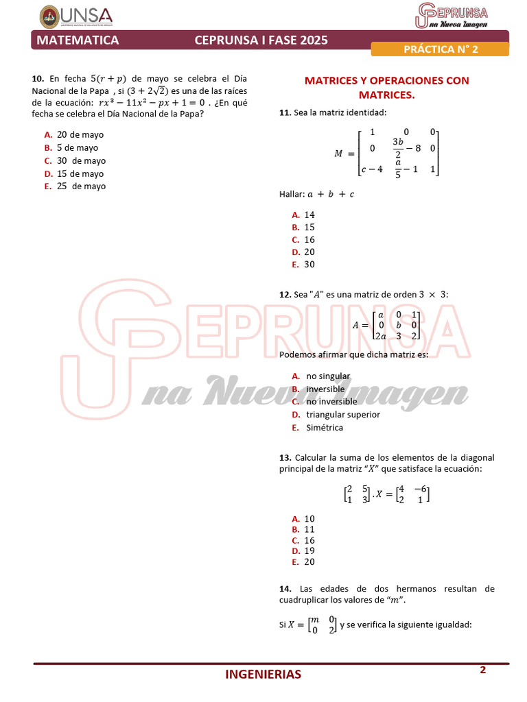 Cepreunsa Fase 1 Práctica de Matrices | PDF | Matriz (Matemáticas) | Funciones y mapeos