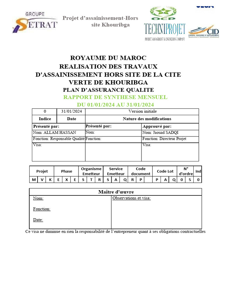 Rapport Mensuel Assainissement Khouribga | PDF | Ingénierie civile | Ingénierie