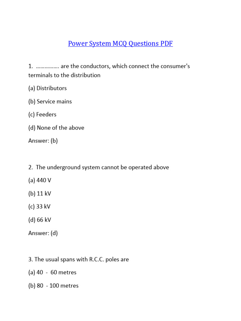 Power System MCQs for Electrical Exams | PDF | Electric Power Transmission | Alternating Current