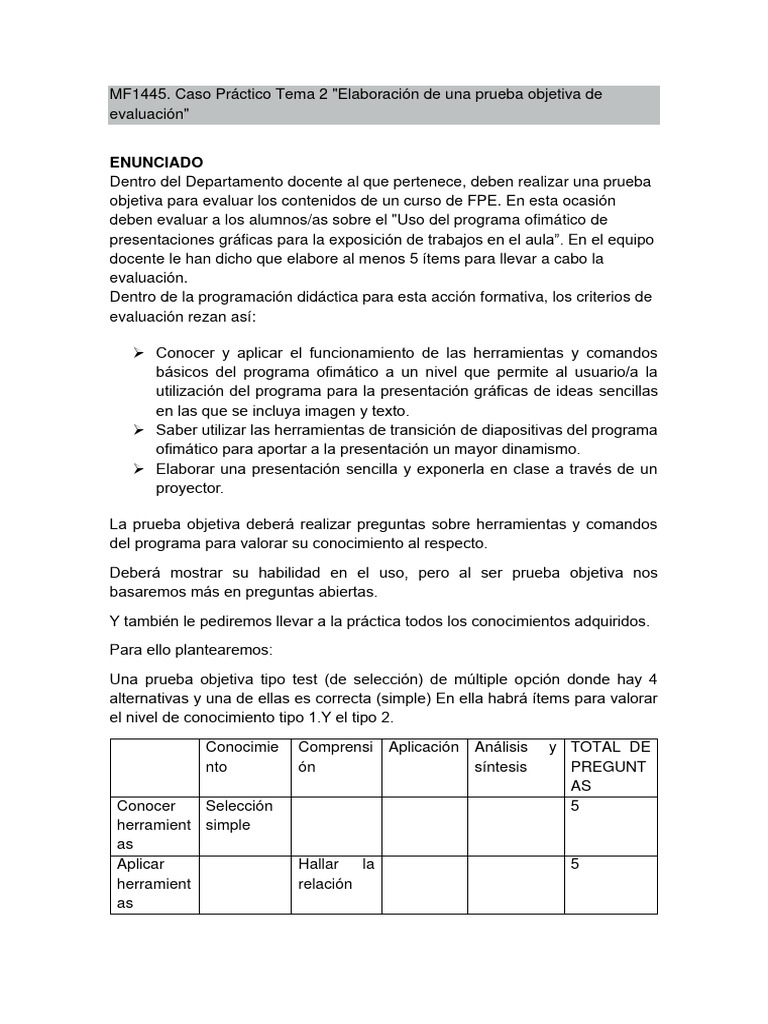 MF1445. Caso Práctico Tema 2 | PDF | Evaluación | Maestros