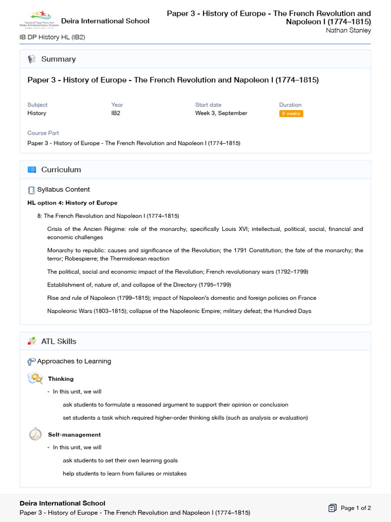 Paper 3 History of Europe the French Revolution and Napoleon I 17741815 ...