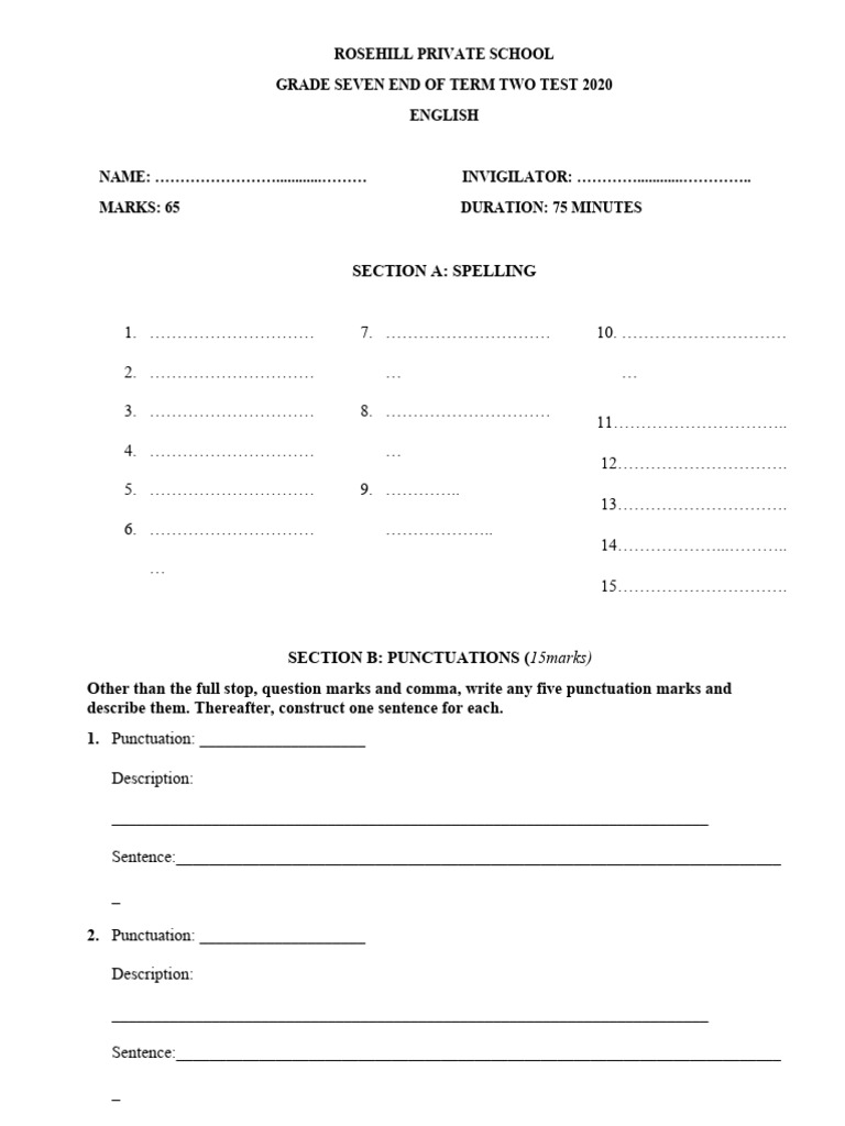 English Grade 7 Mock Exam | PDF | Punctuation | Adverb