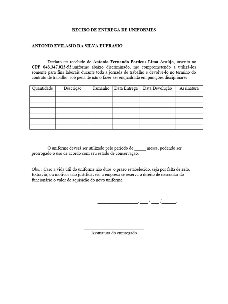Modelo Recibo Entrega Uniformes | PDF | Expediente | Relações entre ...
