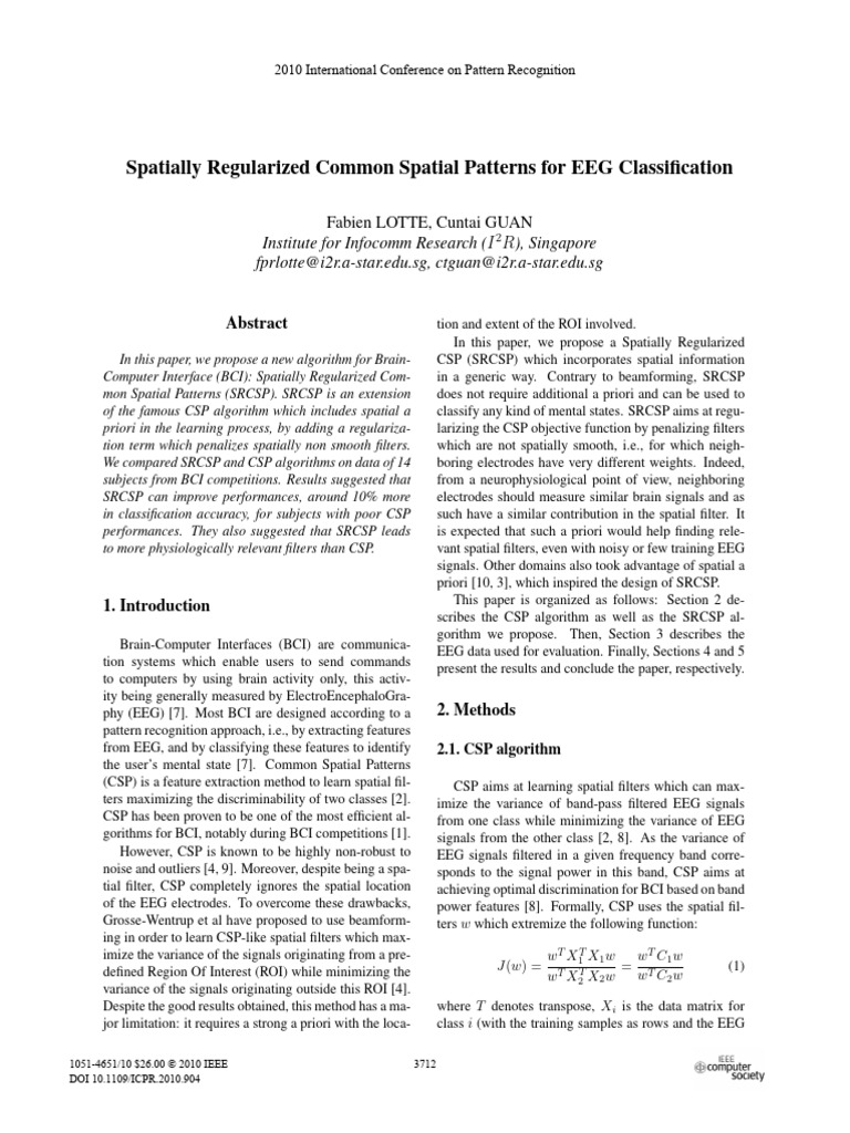 Spatially Regularized Common Spatial Patterns For EEG Classification | PDF | Eigenvalues And ...