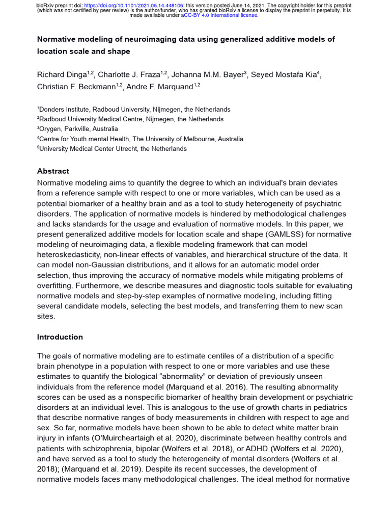 Normative Modeling of Neuroimaging Data Using Generalized Additive Models of Location Scale and ...