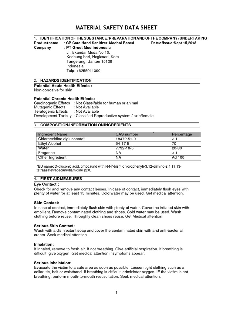 MSDS - GP Care Handsanitizer Alcohol Based | PDF | Occupational Safety ...
