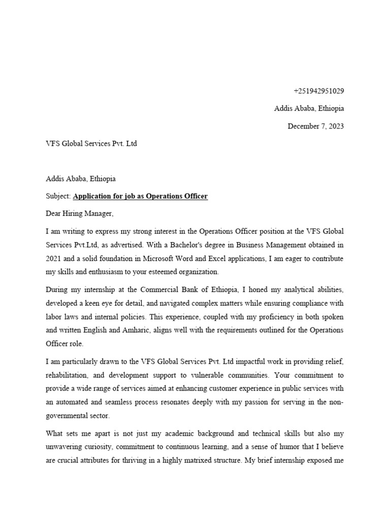 Application Letter To VFS Global Services Pvt. LTD (Fraol) | PDF ...