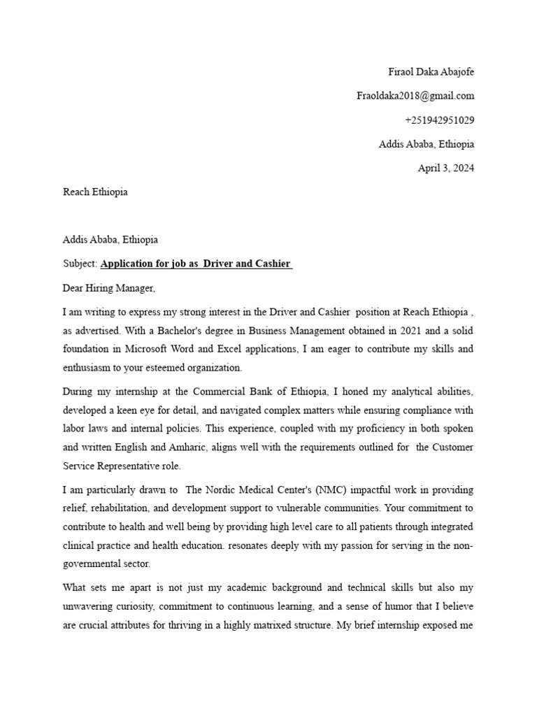 Application Letter To The Nordic Medical Centre (NMC) (F | PDF | Health ...