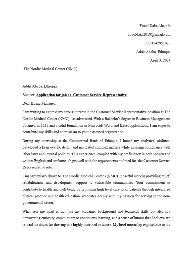 Application Letter To The Nordic Medical Centre (NMC) (F | PDF | Health ...