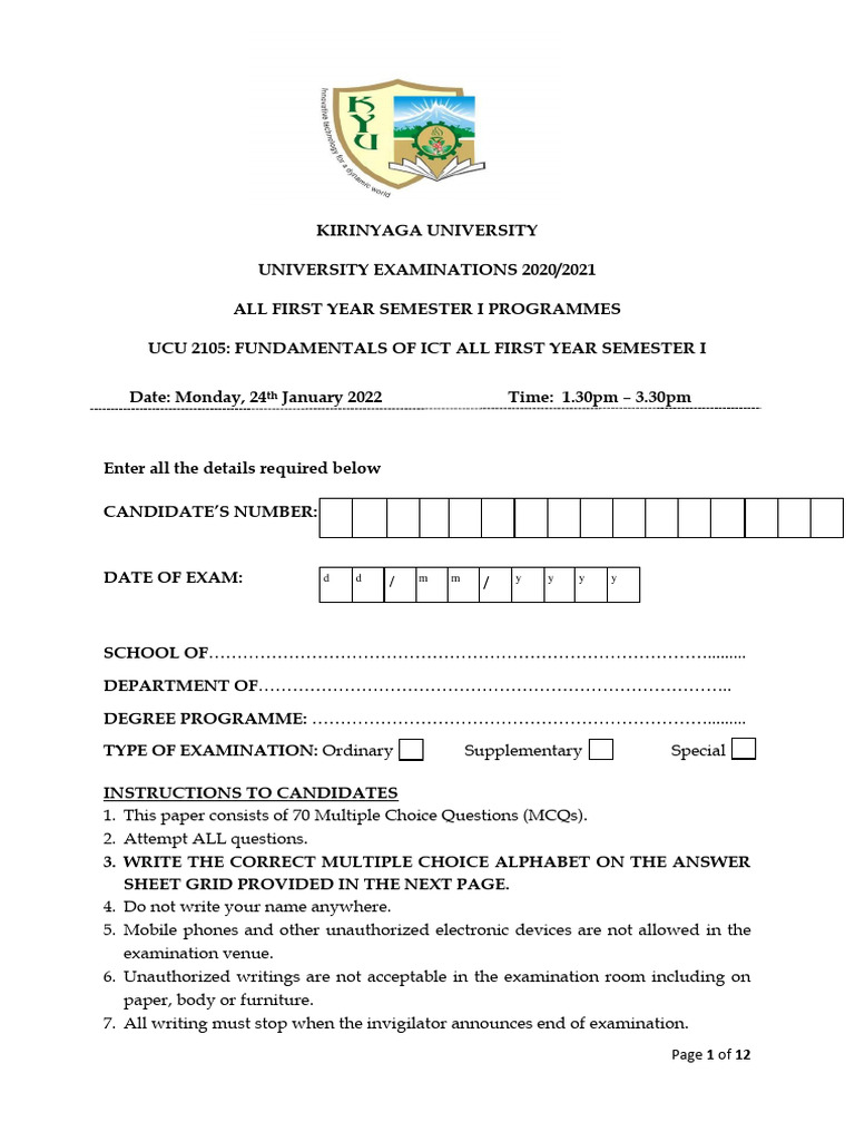 Ucu 2105 Fundamentals of Ict All First Year Semester I | PDF | Computing | Computer Science