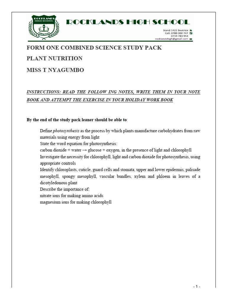 Form 1 Combined Science Study Pack | Download Free PDF | Leaf ...