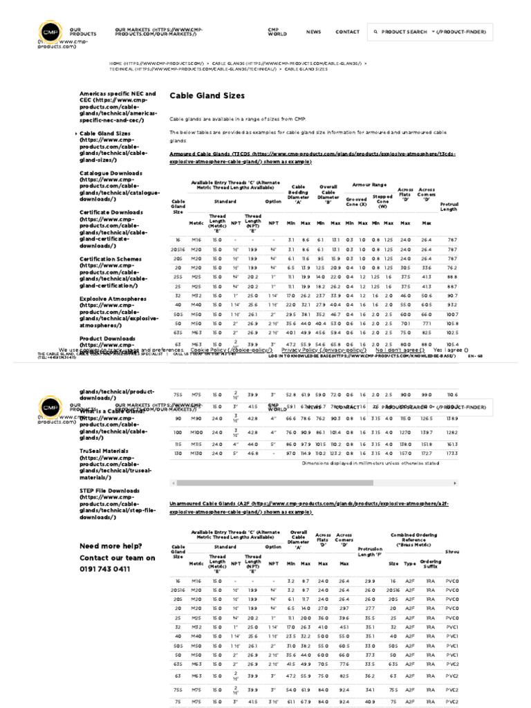 Cable Gland Sizes - CMP Products Limited | PDF