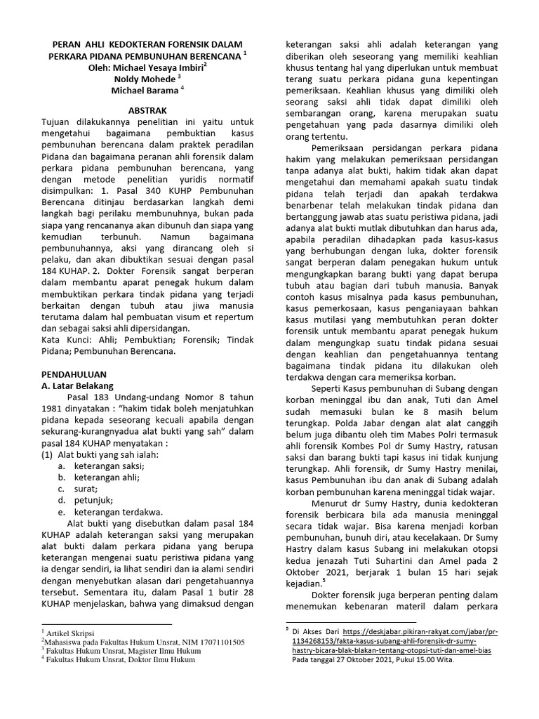 Imbiri Et Al. - PERAN AHLI KEDOKTERAN FORENSIK DALAM PERKARA PIDAN | PDF