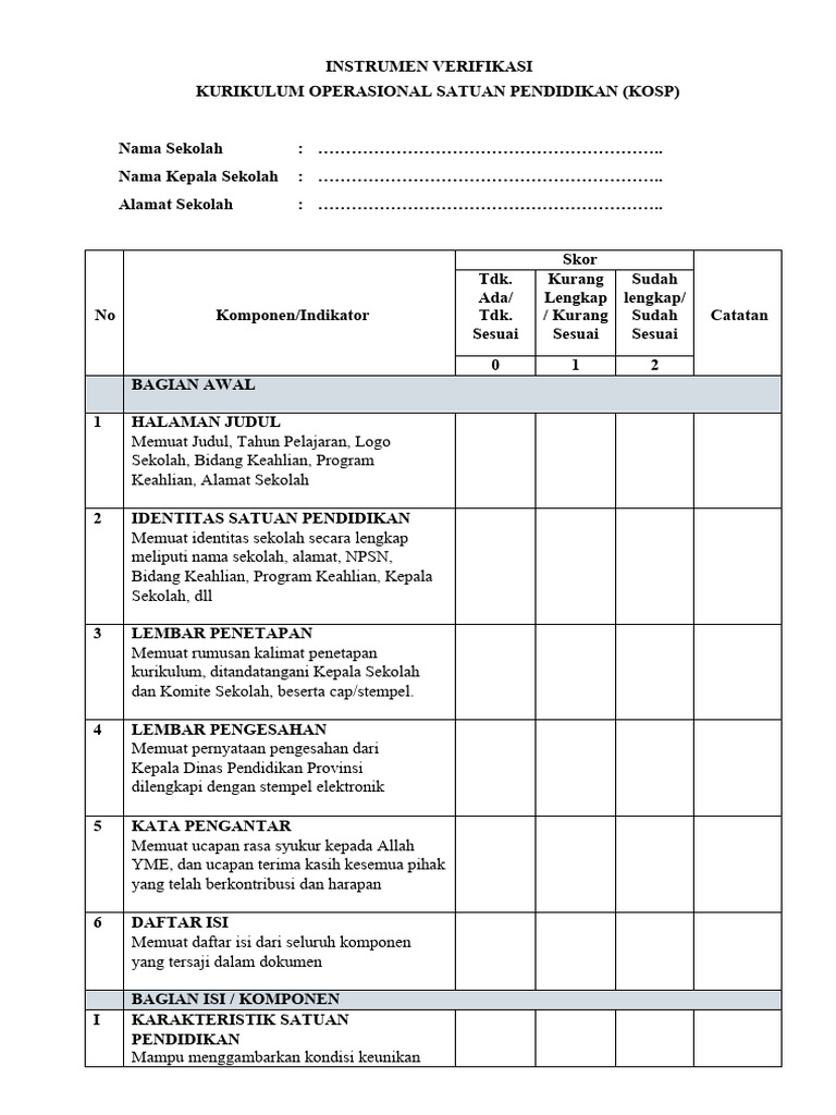 Instrumen Verifikasi Kosp 2024 2025 | PDF